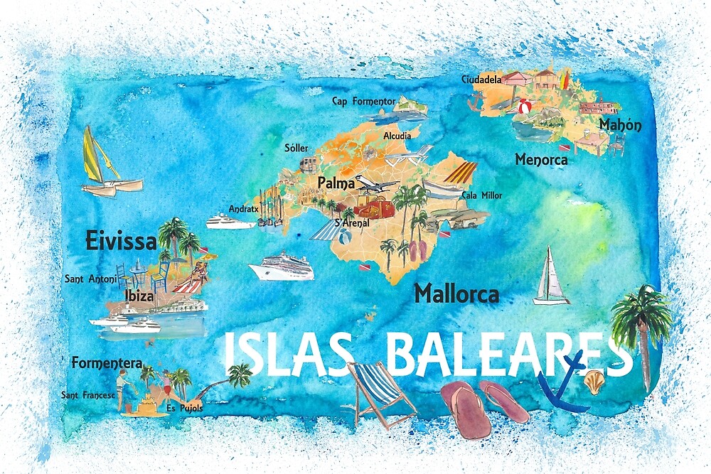 "Balearic Islands Illustrated Travel Map with Majorca Ibiza Menorca ...