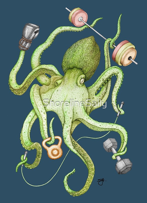 "Octomus - GREEN on blue" by ShorelineSally | Redbubble