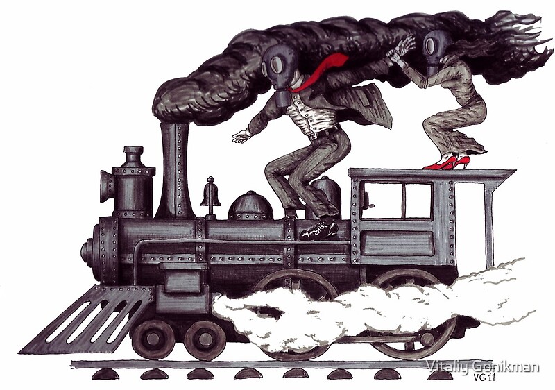 "Crazy raise on the vintage steam locomotive surreal black and white ...