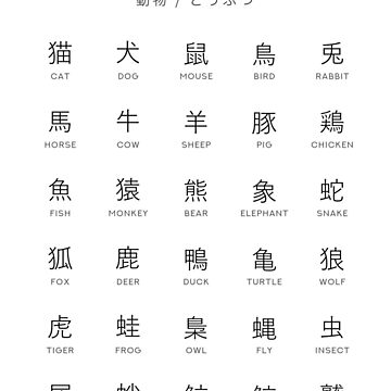 "Japanese Animal Chart - Animal Kanji Learning Chart - White" Poster ...