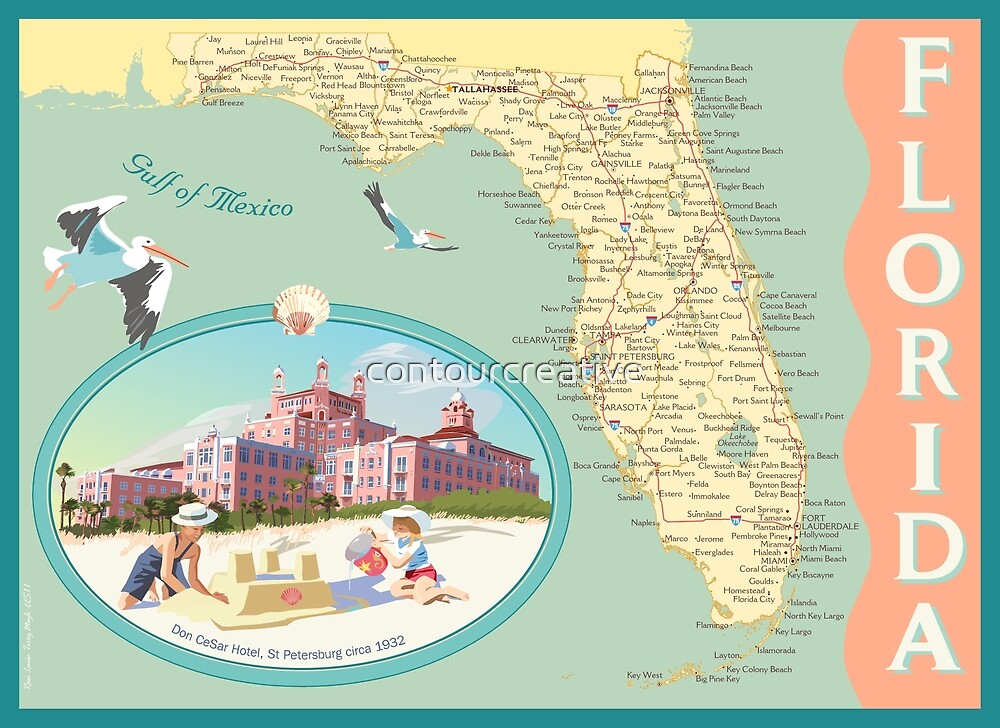 "Florida Map with Don CeSar Hotel" by contourcreative | Redbubble