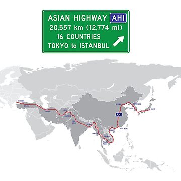 "Map of Asian Highway AH1" Sticker for Sale by travelwitheric | Redbubble