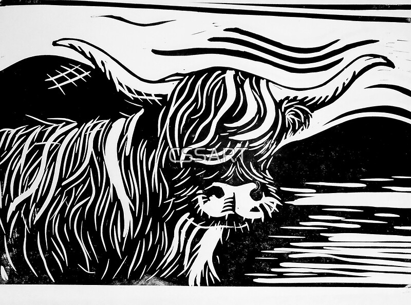 "Highland Cow Lino Print Black and White" by CSSART | Redbubble