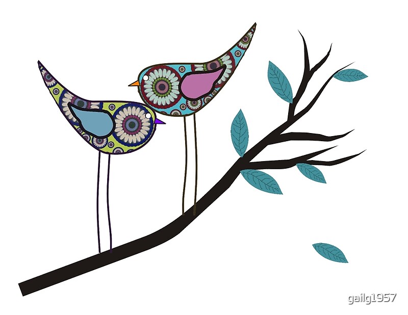 "Retro Bird Art 2 Paisley Birds On Tree Branch" by Gail Gabel, LLC ...