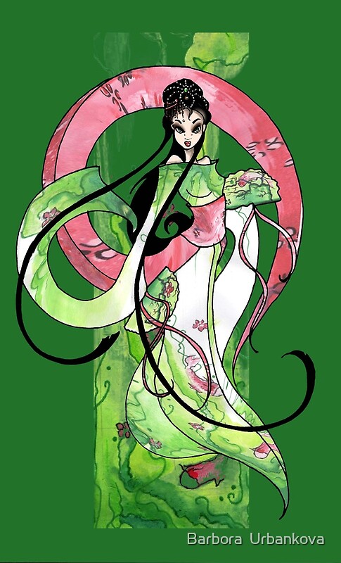 "Geisha in Green with Koi and lotus Flowers" by Barbora Urbankova ...