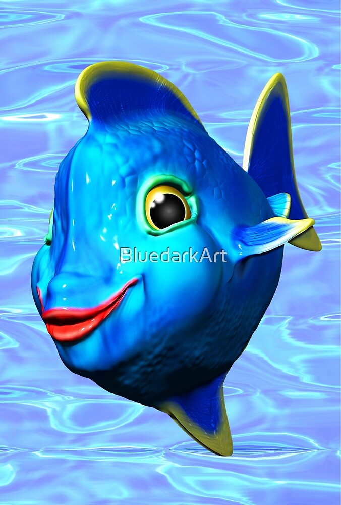 "Cute Blue Fish Cartoon 3D Digital Art" by BluedarkArt | Redbubble
