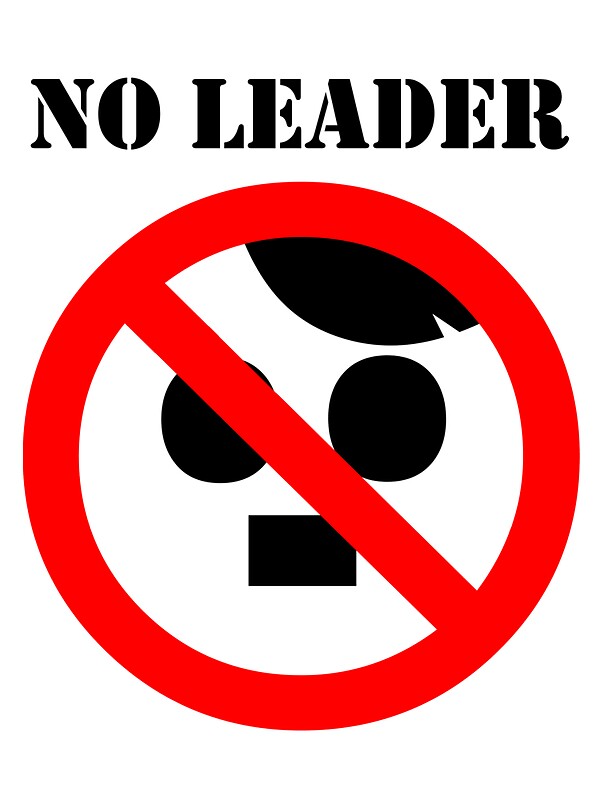 "NO LEADER - white sticker, black script" Stickers by Bela-Manson ...