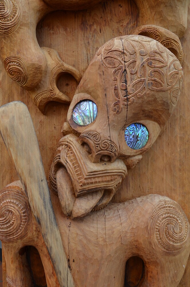 "Maori wood carving with paua shell eyes" by lostrider | Redbubble