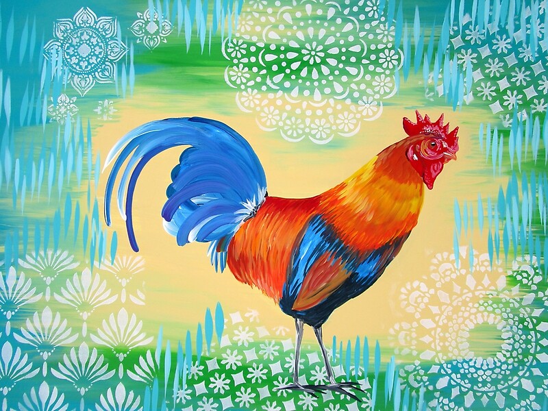 "Rooster with green abstract designs" by cathyjacobs | Redbubble