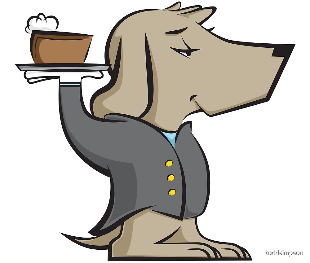 "Cartoon Dog Waiter with Chocolate Cheesecake" by toddsimpson | Redbubble