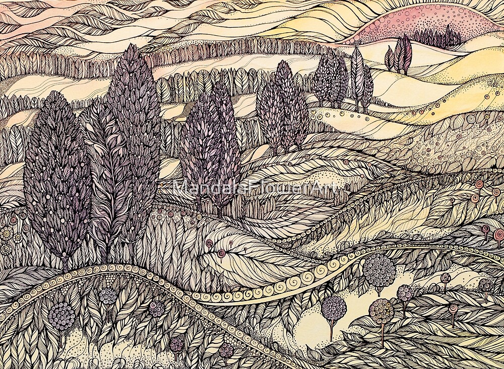 "Sunset in California.Hand draw ink and pen, Watercolor, on textured ...