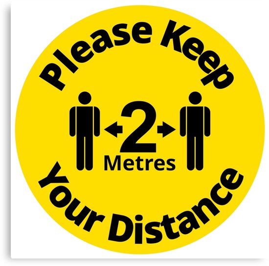 "Please Keep Your Distance 2 metres - Rounded Sign, Black and Yellow ...