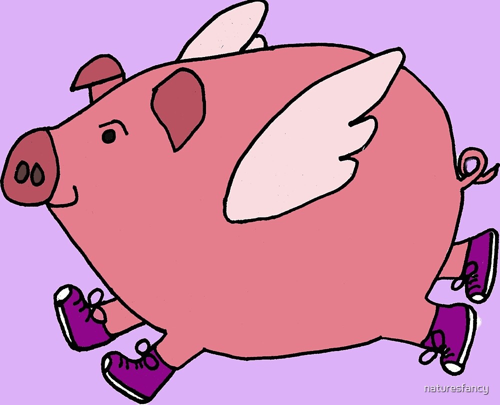 "Hilarious Flying Pig with Purple Sneakers" by naturesfancy | Redbubble