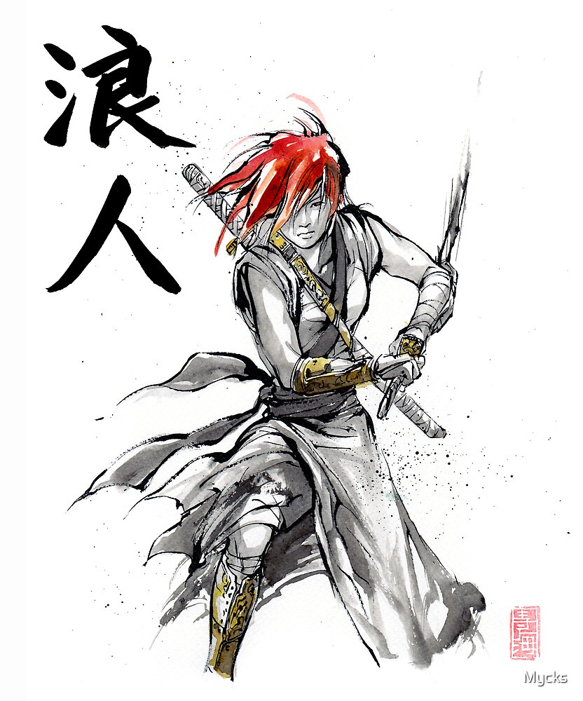 "Girl Ronin drawing Sword Sumie and calligraphy" by Mycks | Redbubble