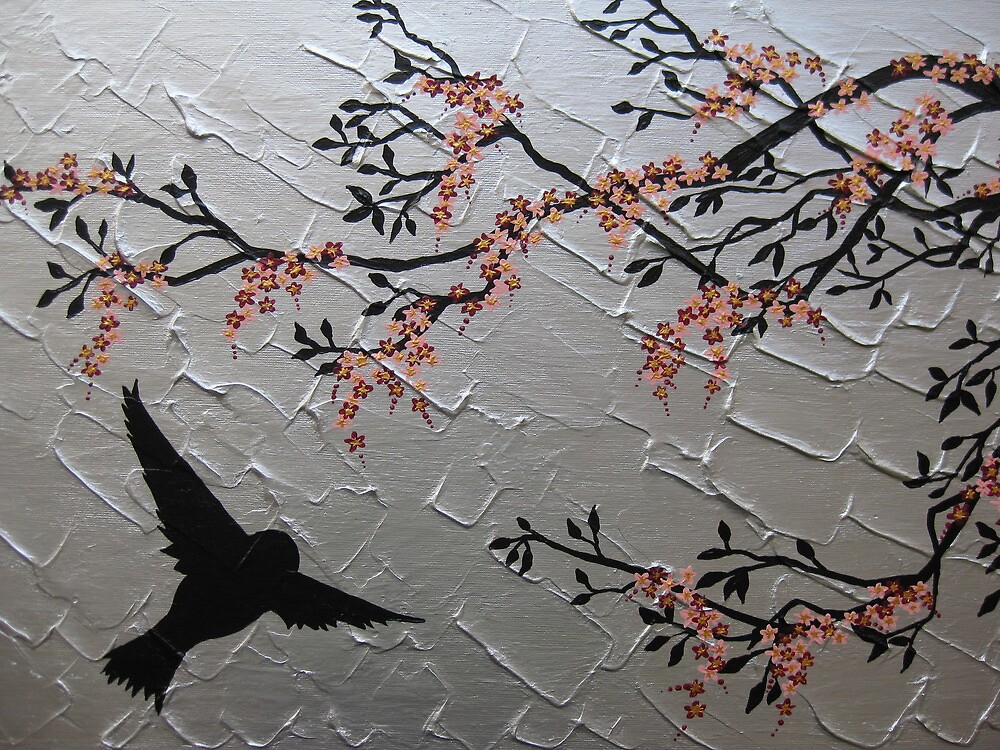 "zen bird and sakura painting- japanese style cherry blossom" by ...