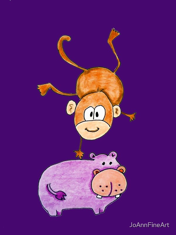 "Acrobat animals: Monkey jumping on a hippo" by JoAnnFineArt | Redbubble