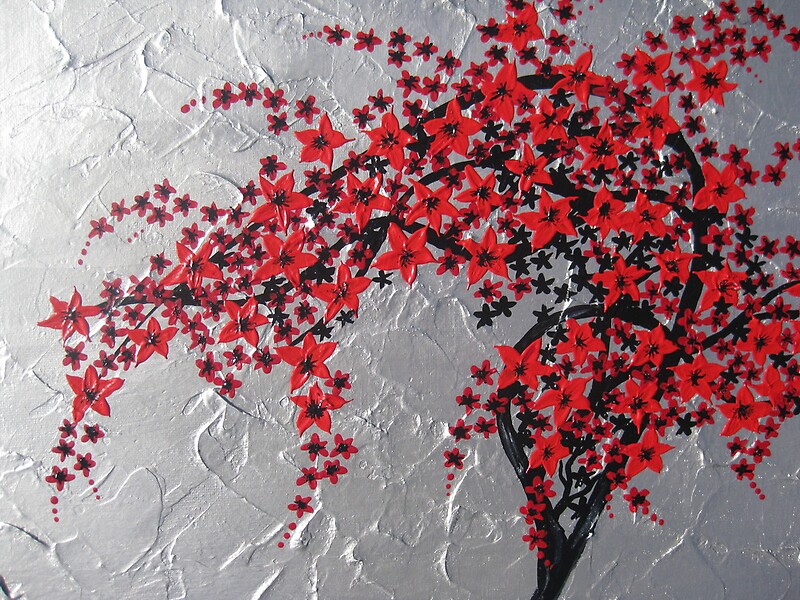 "Red and black tree with silver background -zen blossom design" by ...