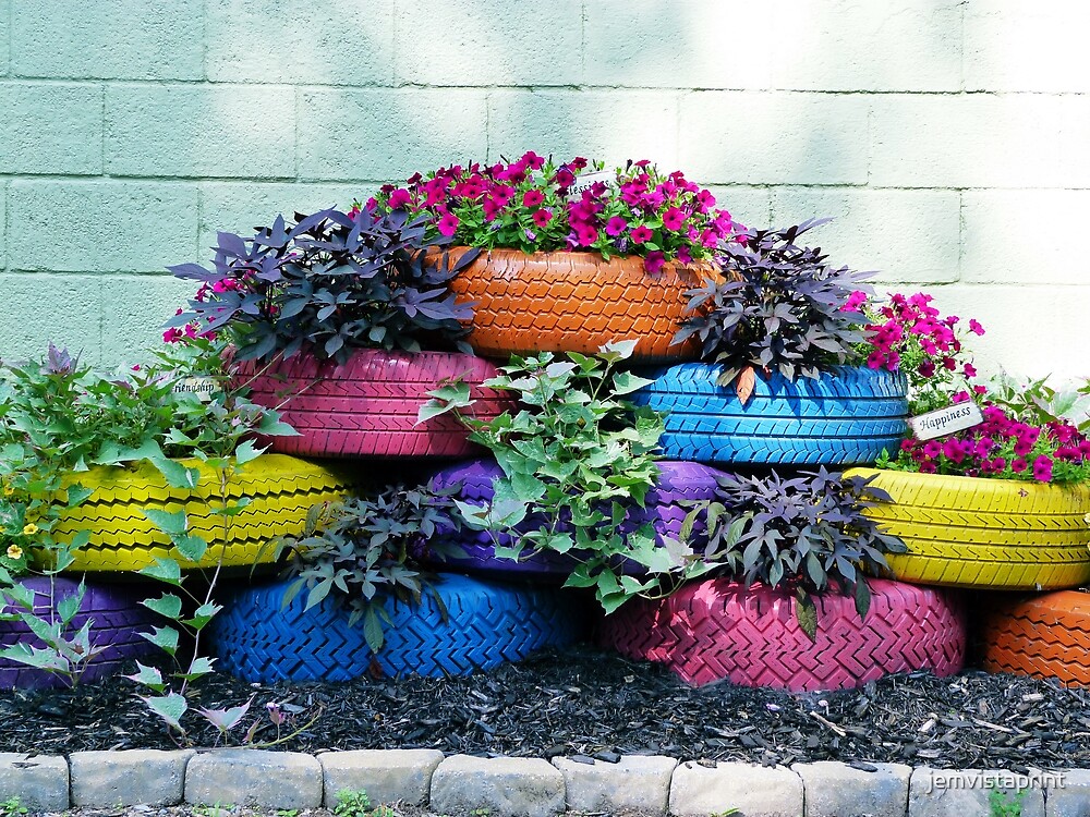 "Painted Tires brightly colored tire planters flowers" by jemvistaprint ...