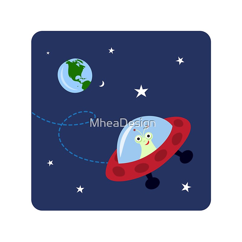 "Cute alien in space with planet earth and stars, wall art for children ...