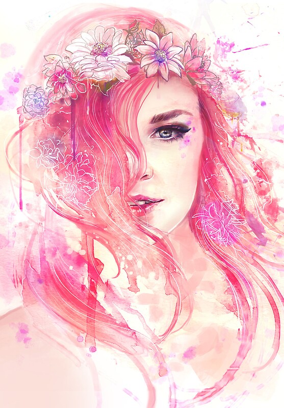 "Pink Floral Watercolor Portrait" by Julia Blattman | Redbubble