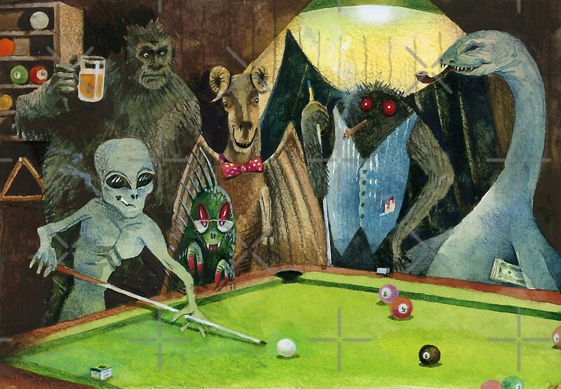 "Cryptids playing pool" by prunstedler | Redbubble