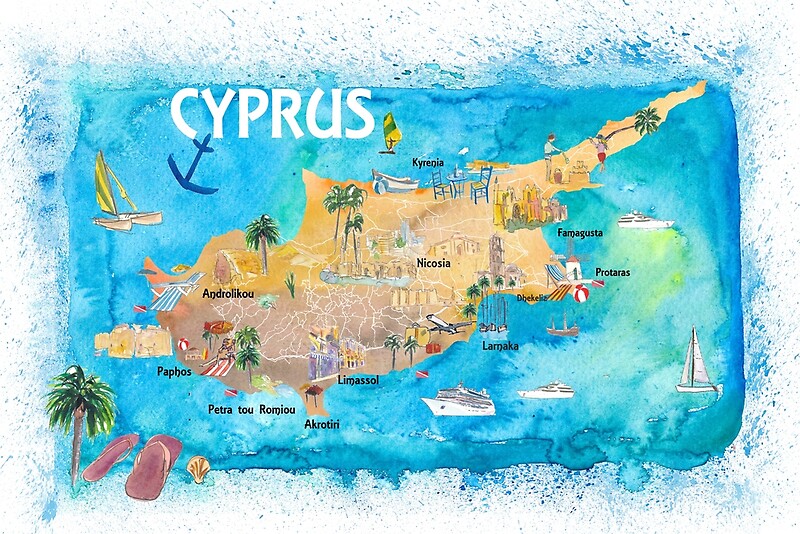 "Cyprus Illustrated Map with Main Roads Landmarks and Highlights" by ...