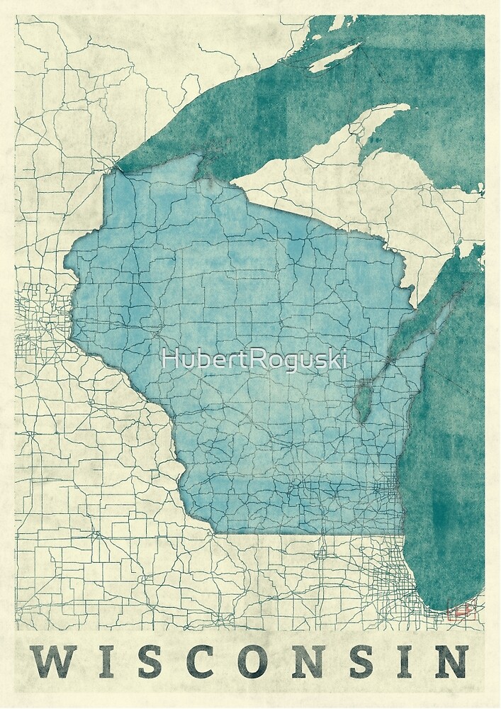 "Wisconsin State Map Blue Vintage" by HubertRoguski | Redbubble