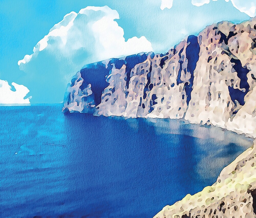 "Los Gigantes, Tenerife cliffs in the background. Watercolour effect ...