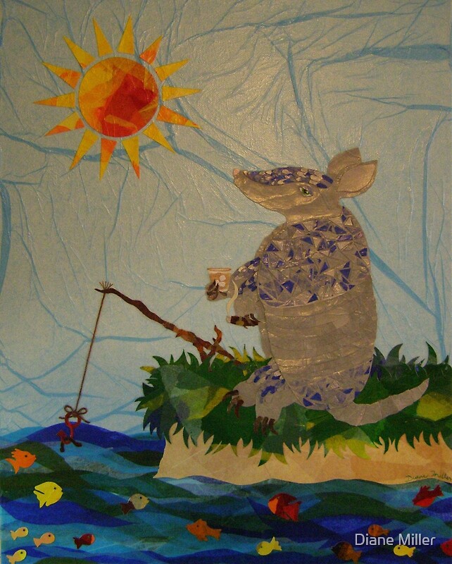 "Armadillo, fishing, fish, whimsical art, cartoon armadillo fishing" by ...