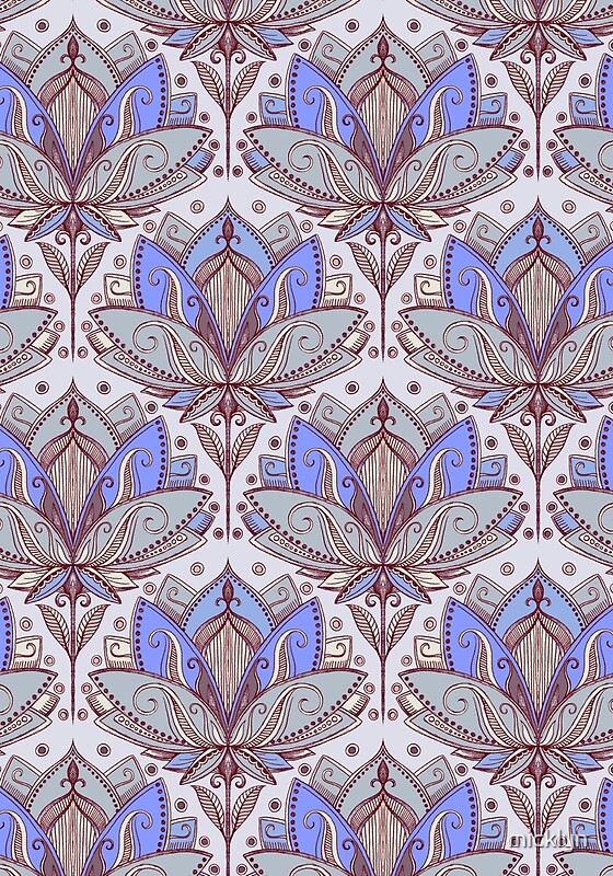 "Art Deco Lotus Rising 2 - sage grey & purple pattern" by micklyn ...