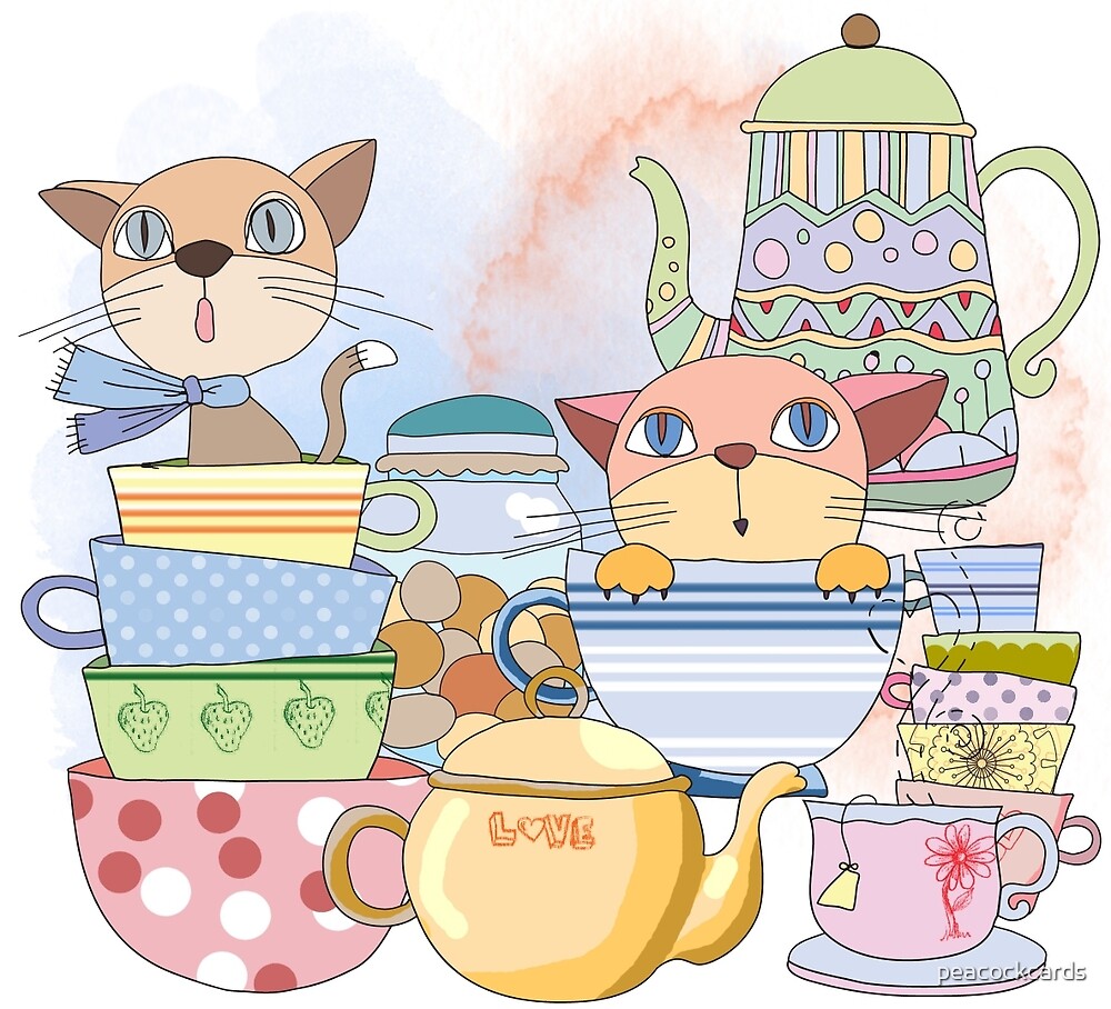 "Cartoon Animals Kittens Tea Time" by peacockcards | Redbubble