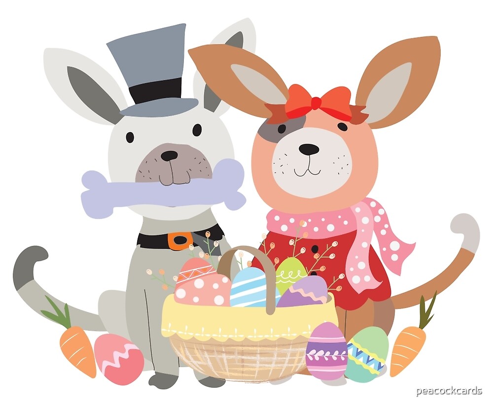 "Cartoon Animals Easter Puppy Dog Bunnies" by peacockcards | Redbubble