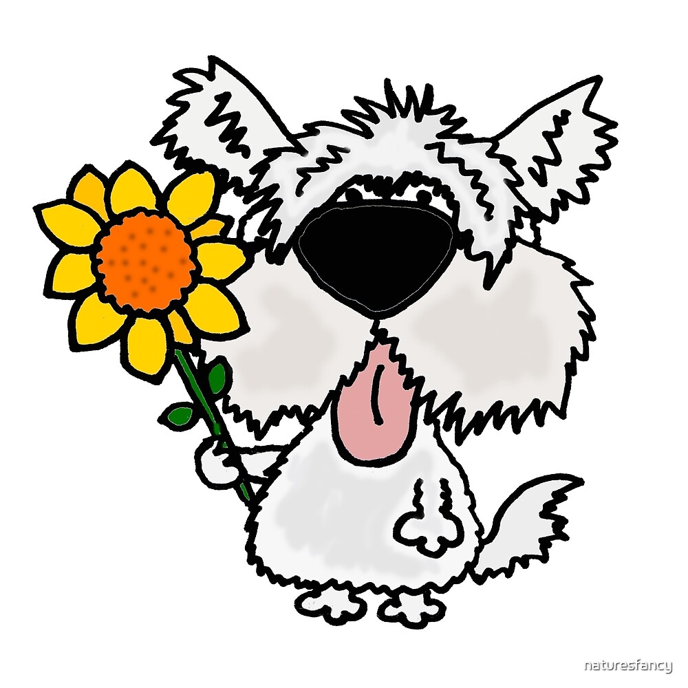 "Cool Funny White Shaggy Dog with Flower" by naturesfancy | Redbubble