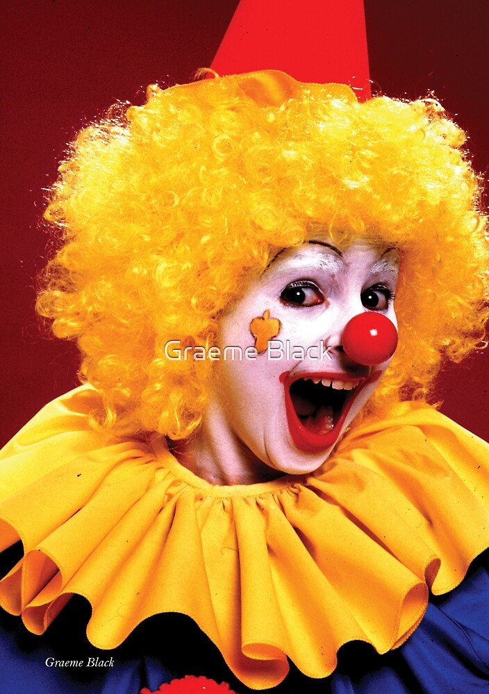 "Head shot of yellow haired Clown smiling" by Graeme Black | Redbubble
