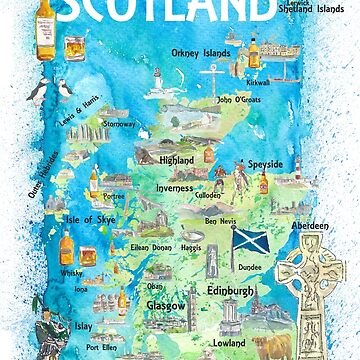 "Scotland Illustrated Map with Landmarks and Highlights " Postcard for ...