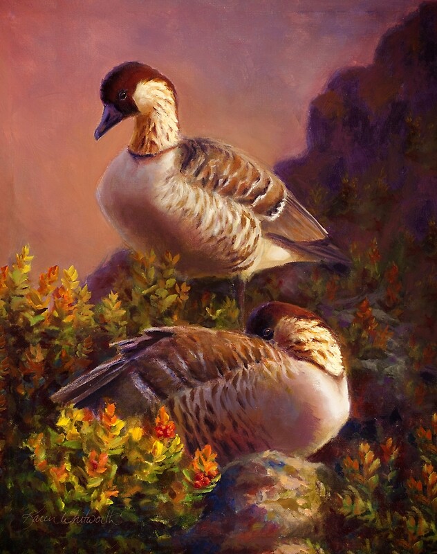 "Hawaiian Nene Goose Painting of Birds Resting Among Ohelo Plants" by ...
