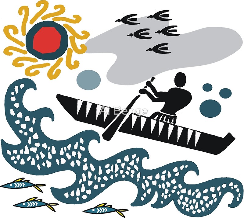 "Tropical South Pacific island design with canoe, waves and fish" by Al ...