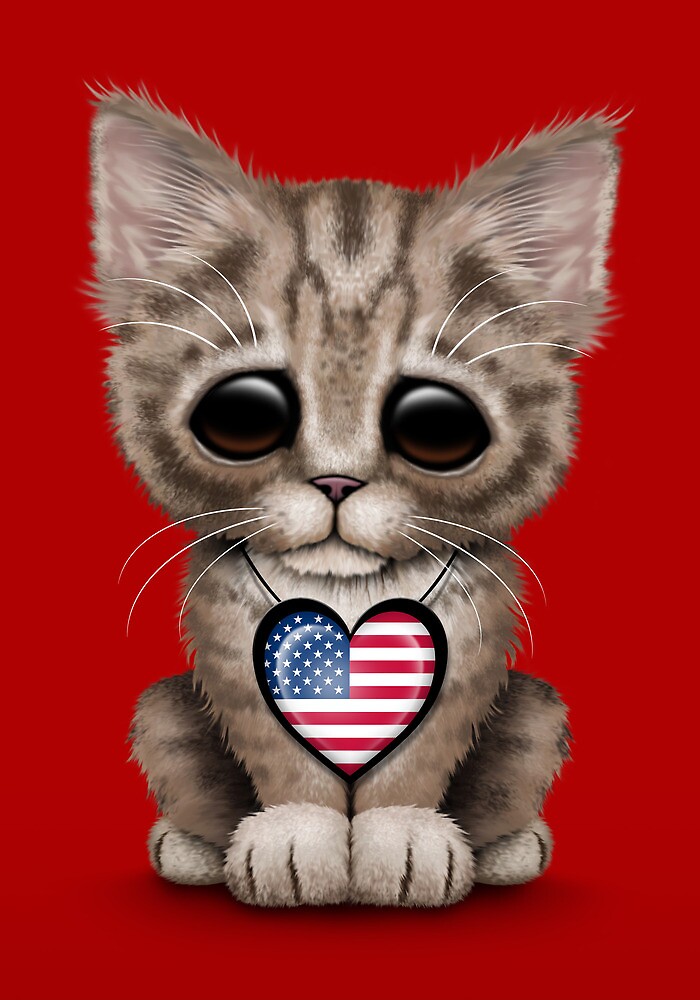"Cute Kitten Cat with American Flag Heart" by jeff bartels | Redbubble