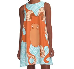 "Orange Octopus on Blue Plaid" by DoucetteDesigns | Redbubble