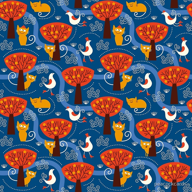"Whimsical Autumn Trees, Geese, and Cats" by peacockcards | Redbubble