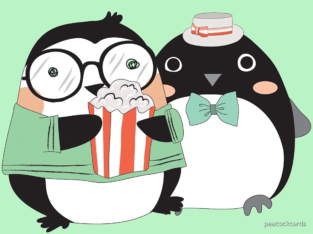 "Funny Cartoon Animals Penguins and Popcorn" by peacockcards | Redbubble