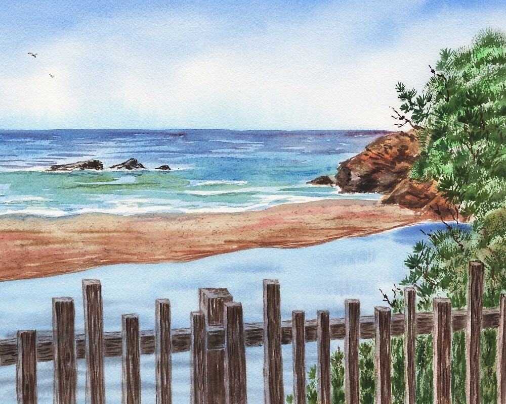 "Ocean Shore Seascape In Watercolor" by Irina Sztukowski | Redbubble