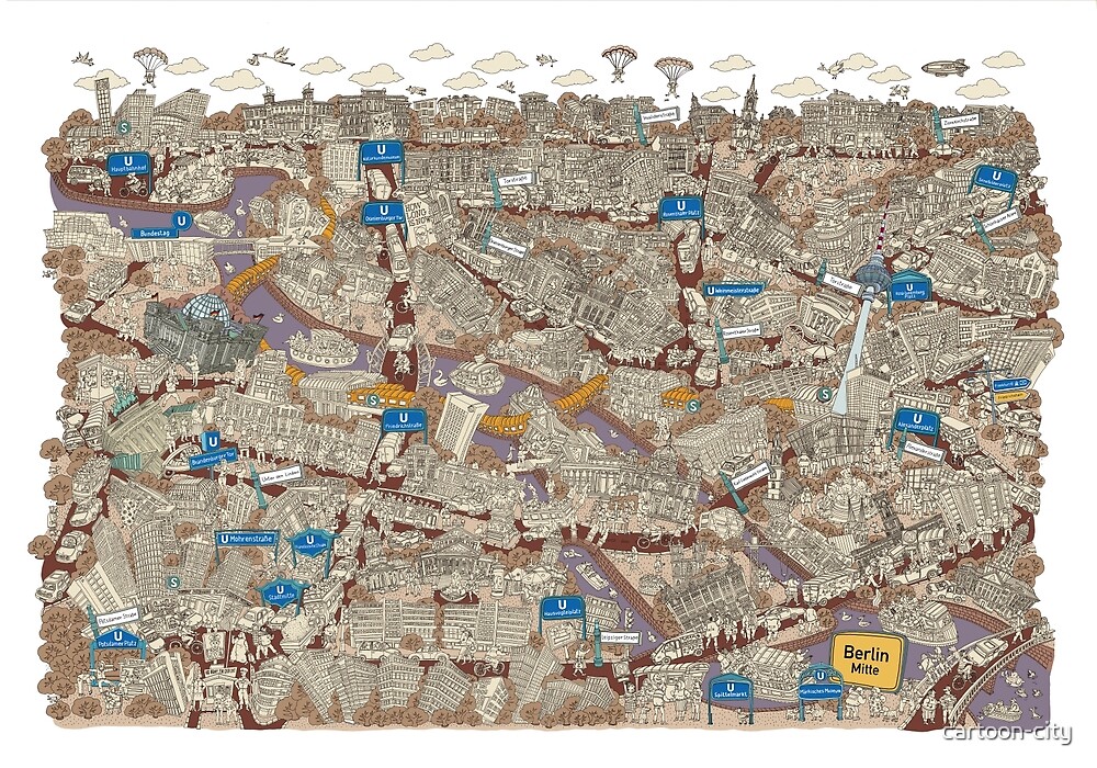 "Illustrated map of Berlin-Mitte. Sepia " by cartoon-city | Redbubble
