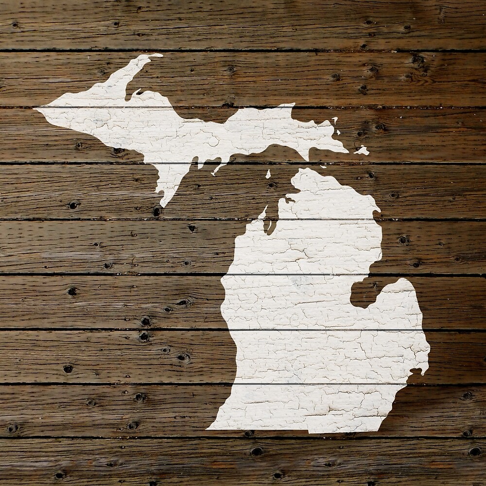 "Michigan State Shape Map White Paint on Wood Planks" by map-lover ...