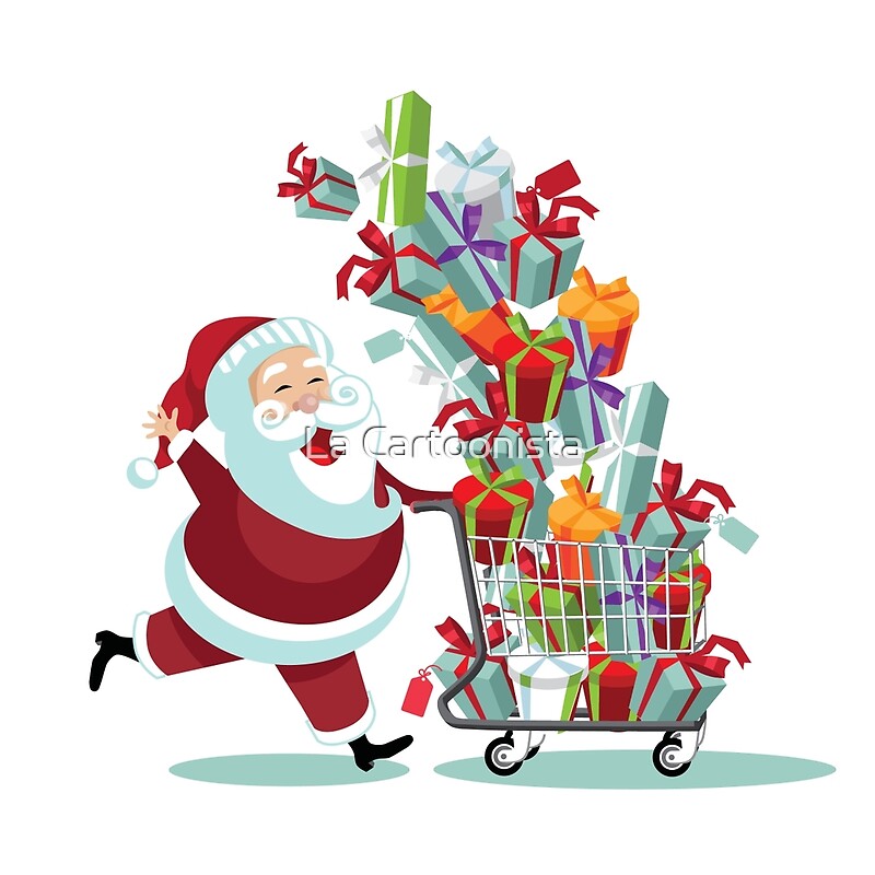 "Cartoon Santa Claus pushing a Christmas shopping cart overflowing with ...