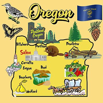 "Hand Drawn Illustration of Oregon Map with Tourist Destinations, USA ...