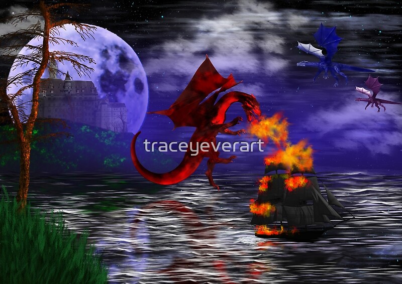 "Dragon Attack - dragon attacking boat under a full moon" by ...