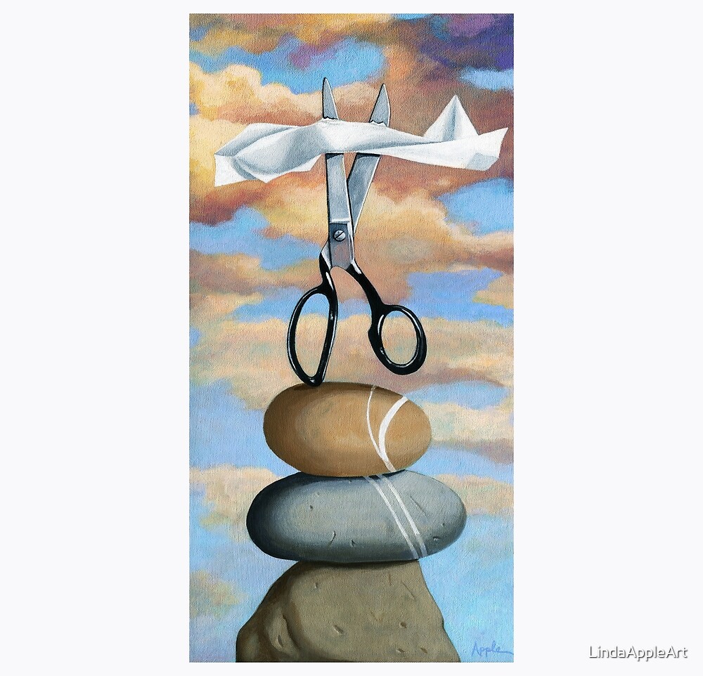 "ROCK, PAPER, SCISSORS - still life painting" by LindaAppleArt | Redbubble