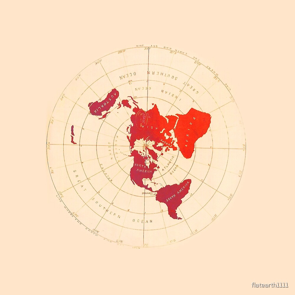 "Flat Earth Map - Azimuthal Equidistant Projection (Red Design)" by ...