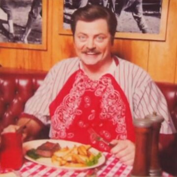 "Ron Swanson Parks and Recreation at Charles Mulligan Steak" Greeting Card for Sale by ...